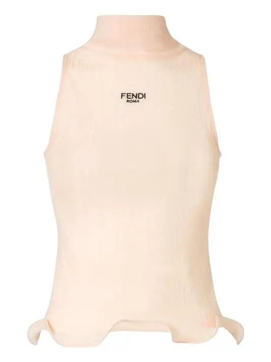 Fendi Cotton Top With High Neck And Ruffled Hem - Pink