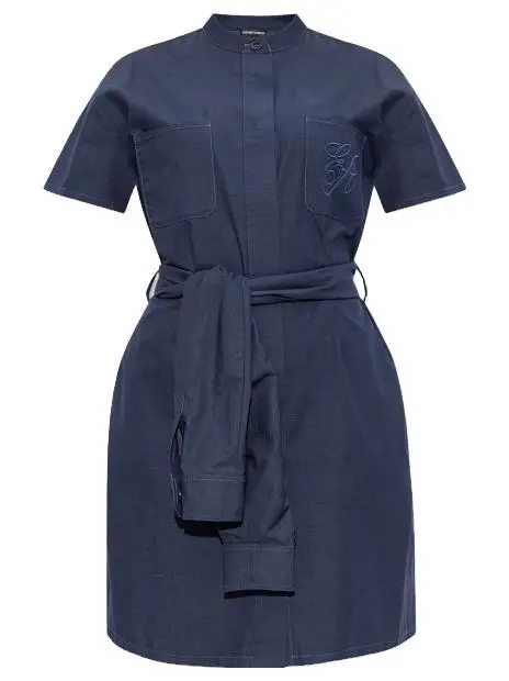 Emporio Armani Embroidered Mini Dress With Mandarin Collar - Blue