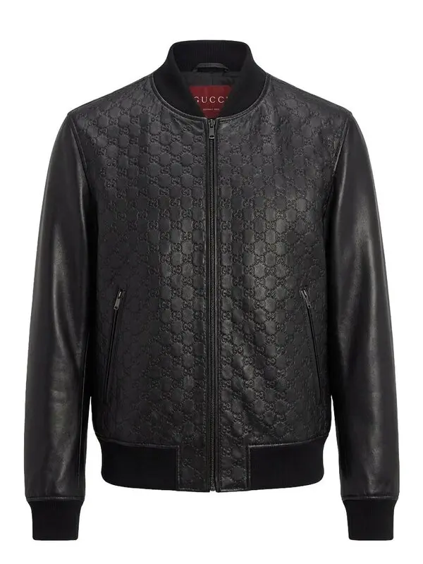 Gucci Monogrammed Leather Zip-up Bomber Jacket - Black