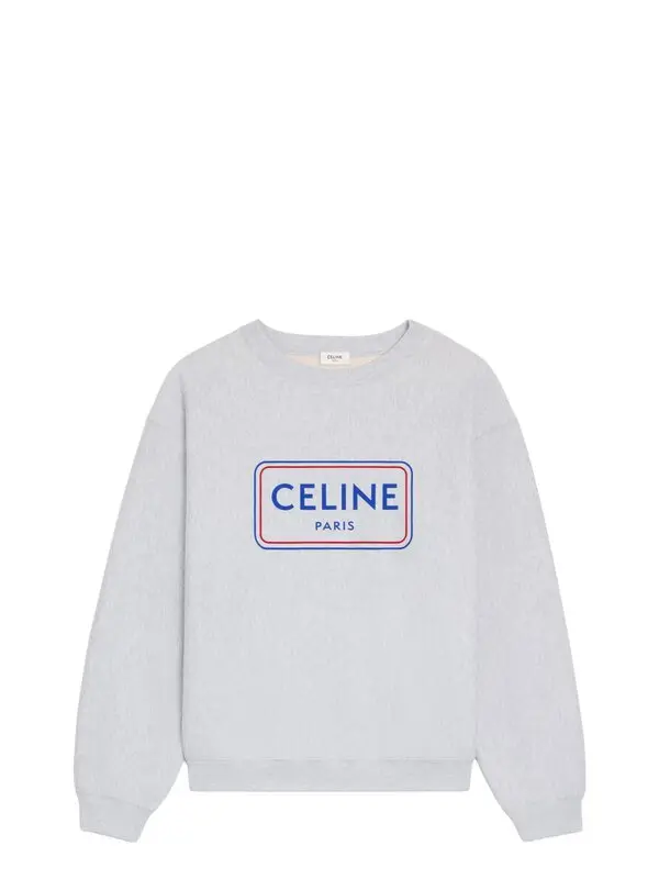 Celine Loose Sweatshirt In Cotton Fleece With Paris Print - Light Gray/red/cyan Blue