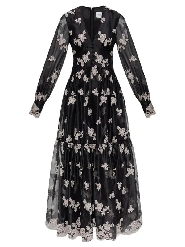 Erdem Tabetha Embroidered Organza Maxi Dress - Black