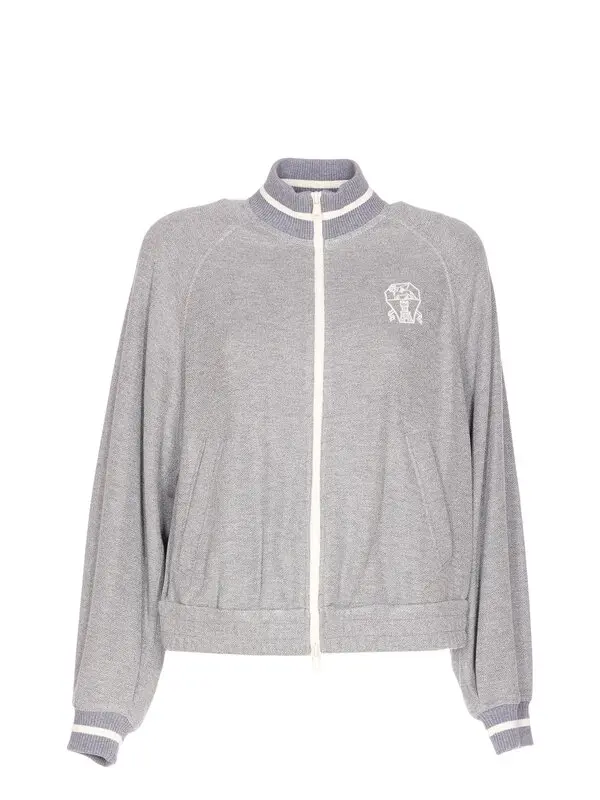 Brunello Cucinelli Logo Embroidered Full Zip Sweatshirt - Gray
