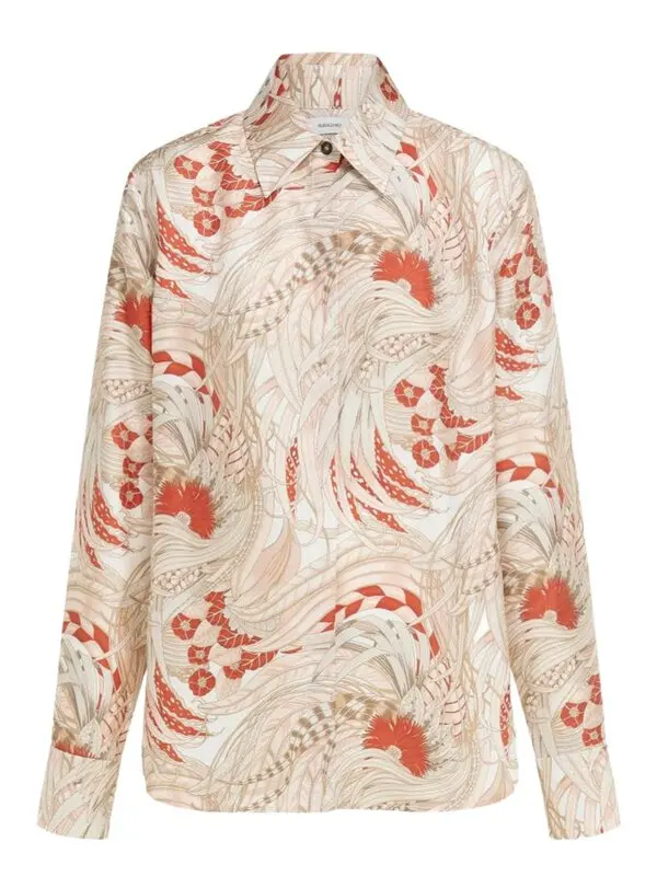 FERRAGAMO Silk Twill Feather Print Shirt - White/pink