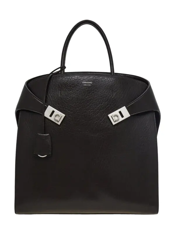 FERRAGAMO Hug Tote Bag In Hammered Calfskin - Black