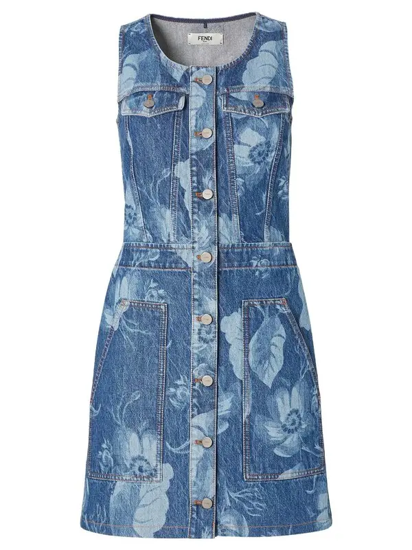 Fendi Sleeveless Floral Print Denim Mini Dress - Blue