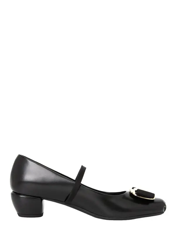 FERRAGAMO Leather Square Toe Block Heel Mary Janes - Black