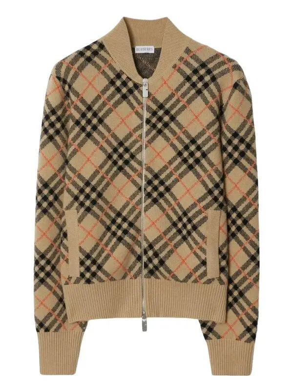 Burberry Checked Knitted Zip-up Bomber Jacket - Sand-colored