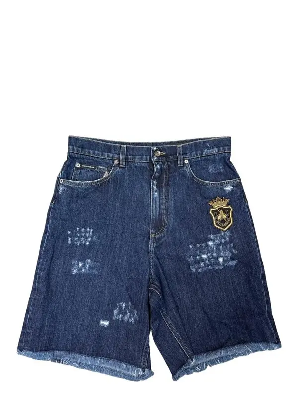 Dolce & Gabbana Distressed Denim Shorts With Emblem - Blue