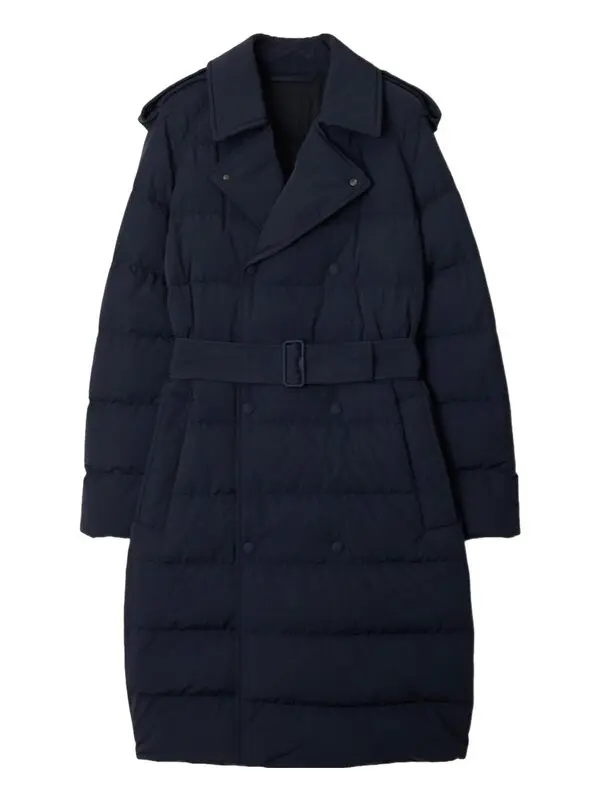 Burberry Logo-appliqué Puffer Coat With Belt - Navy Blue/charcoal Hemp Gray
