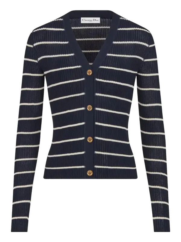 Dior Long-sleeved V-neck Knitwear With Button Closure - Navy Blue/off-white