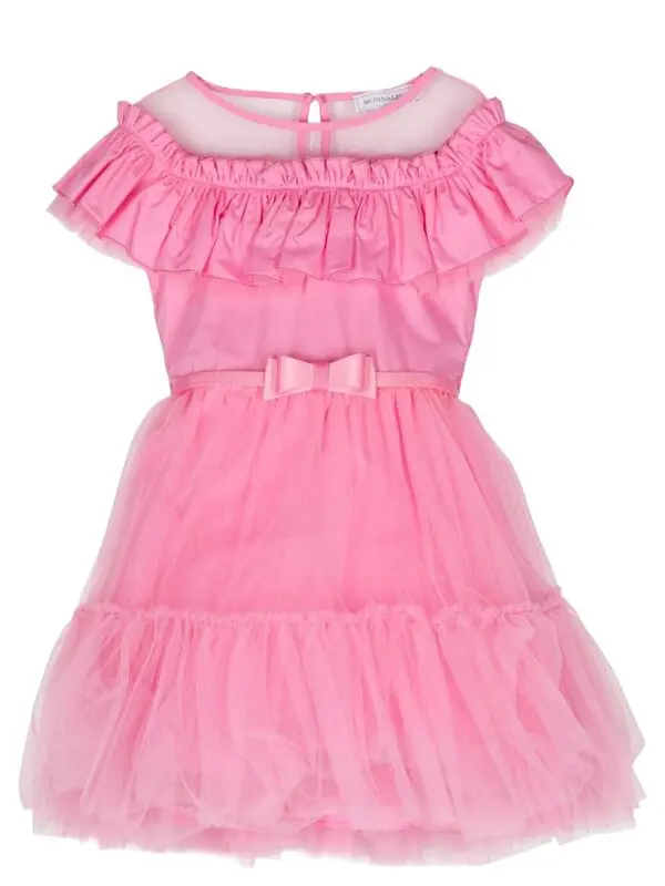 Monnalisa Ruffled Crewneck Tulle Dress - Pink