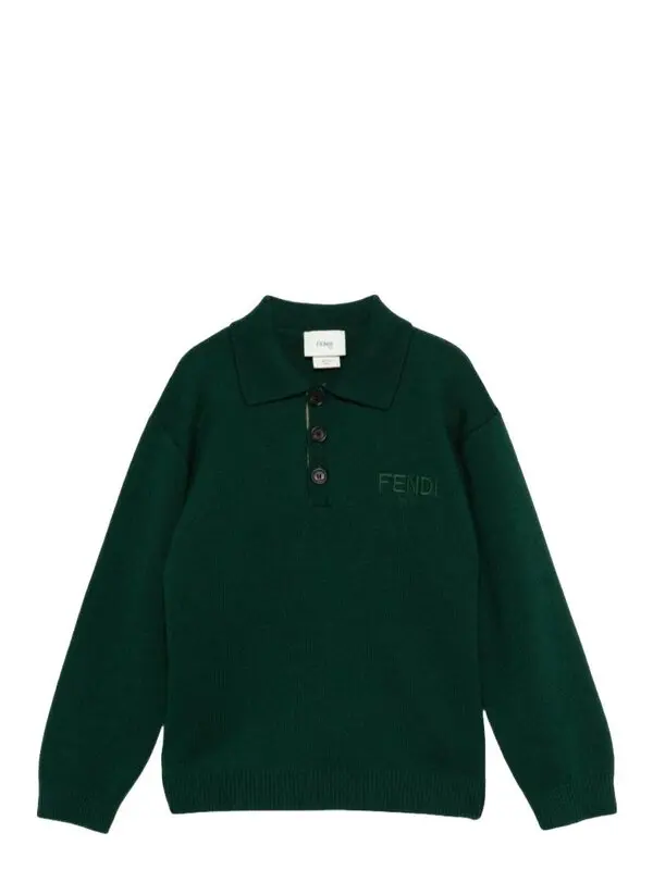 Fendi Long Sleeve Logo Embroidered Lapel Collar Sweater - Dark Green