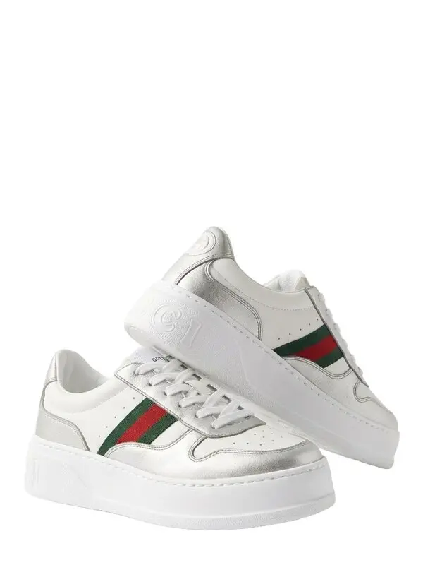 Gucci White And Platform Sneakers With Web Tri-band Detail - Silver
