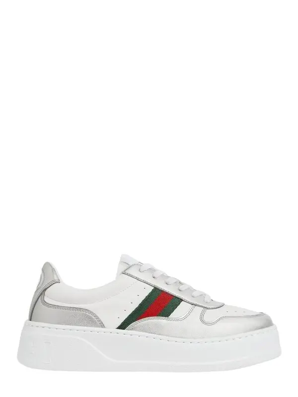 Gucci White And Platform Sneakers With Web Tri-band Detail - Silver