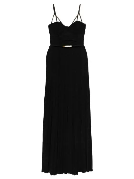 Elisabetta Franchi Pleated Maxi Dress With Belt - Black