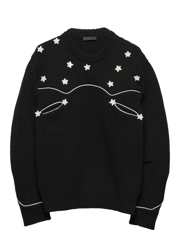 Prada Long-sleeved Crewneck Jumper With Star Embellishments - Black