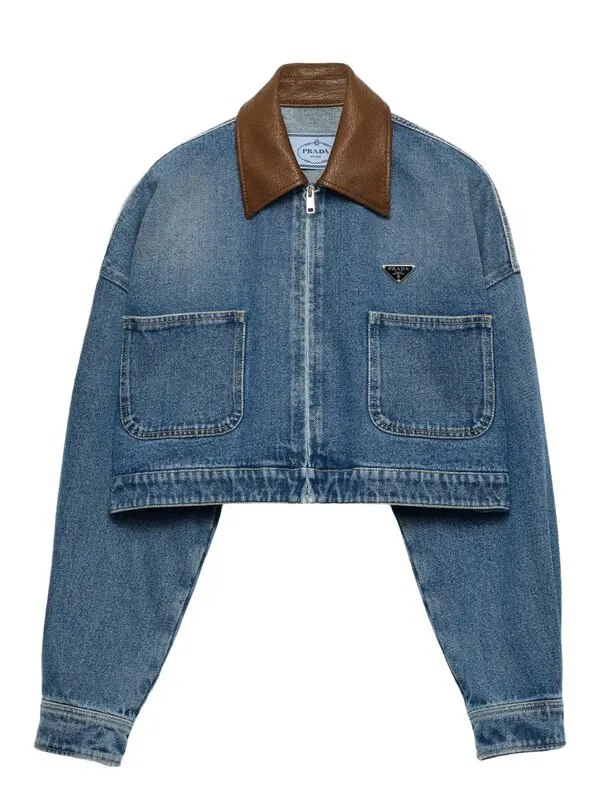 Prada Cropped Denim Jacket With Leather Collar - Light Blue