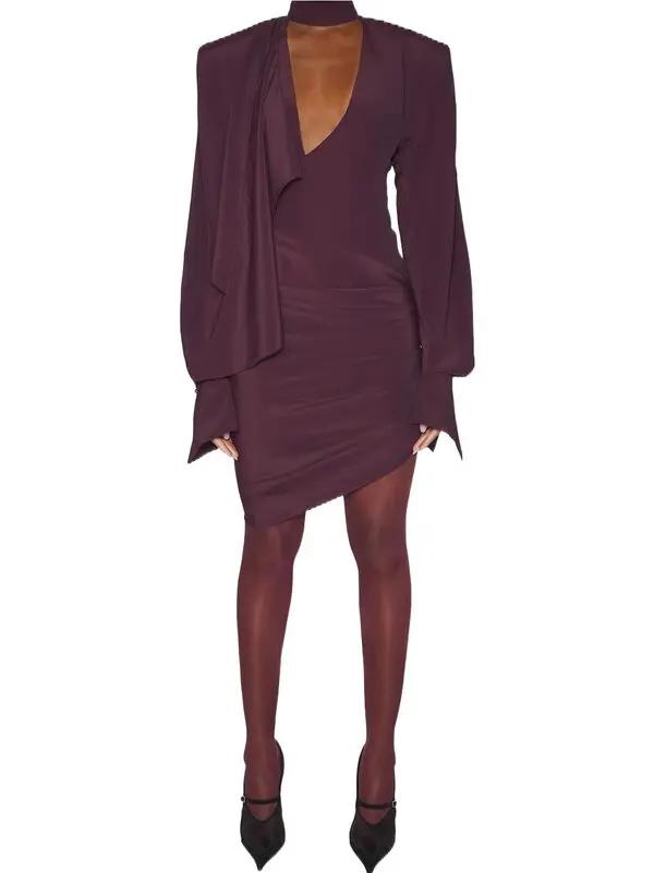 MUGLER Long Sleeve Draped Mini Dress - Wine Red