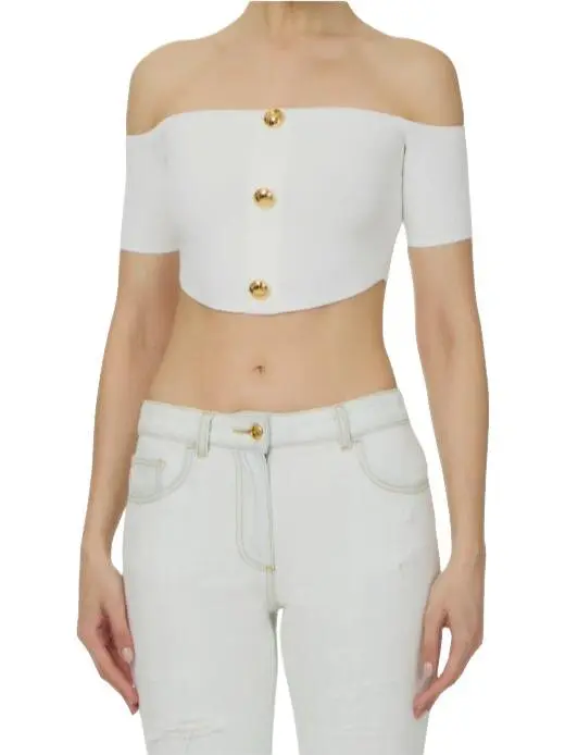 Elisabetta Franchi Off-the-shoulder Knit Cropped Top With Golden Buttons - Ivory