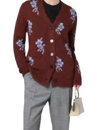 JIL SANDER Long-sleeved Cardigan With Floral Inlay - Brown