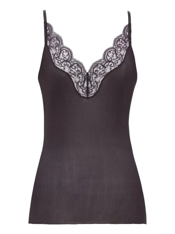Saint Laurent Ribbed Lace Trim V-neck Tank Top - Ebony