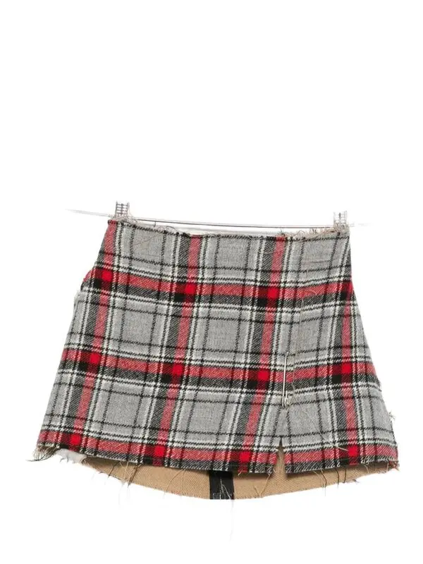 R13 Plaid Mini Skirt With Frayed Hem And Safety Pin Detail - Gray