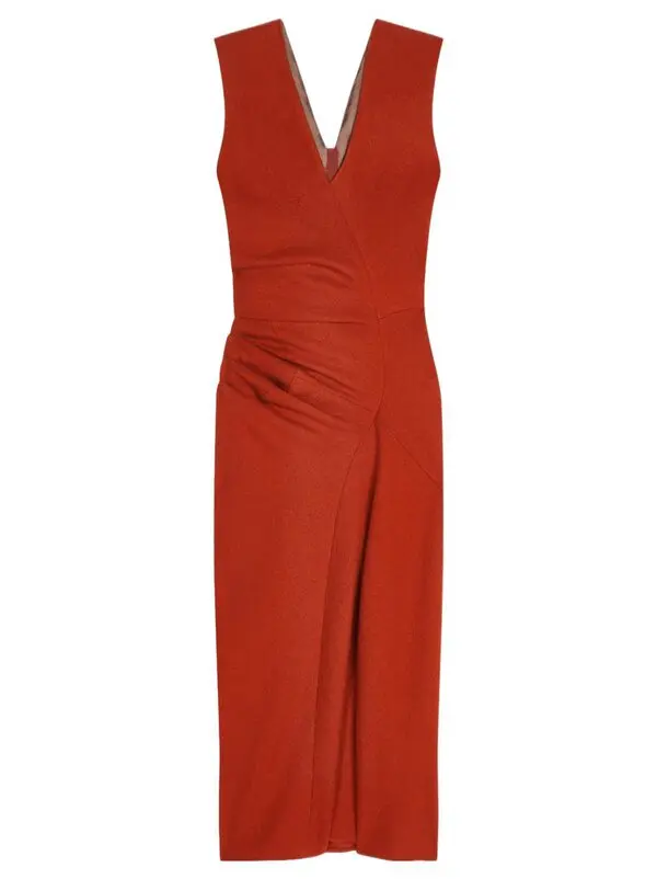 Dries Van Noten Sleeveless Plunge V-neck Draped Midi Dress - Ferruginous