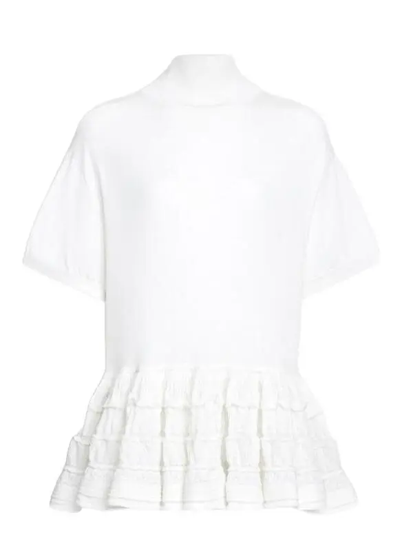 Alaïa High Neck Short Sleeve Top With Ruffled Hem - White