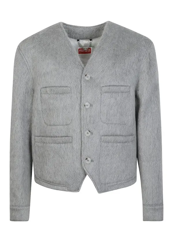 Kenzo Collarless Jacket In Hairy Wool Alpaca And Mohair - Gray