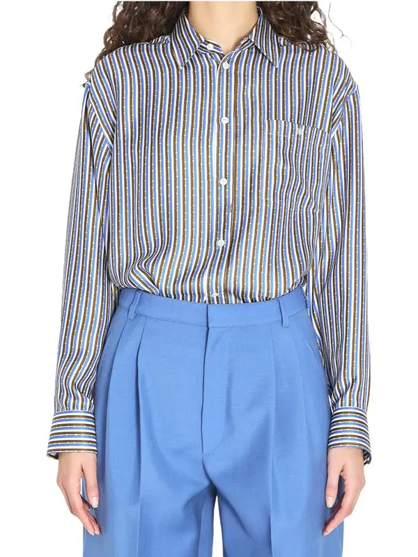 Celine Oversized Silk Twill Striped Shirt - Blue-brown And Ivory