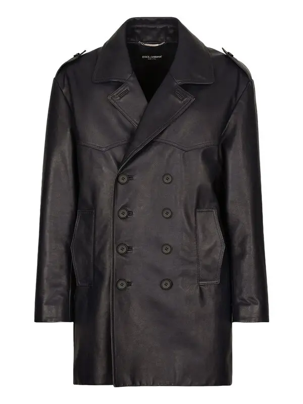 Dolce & Gabbana Peak Lapel Leather Double-breasted Coat - Blue