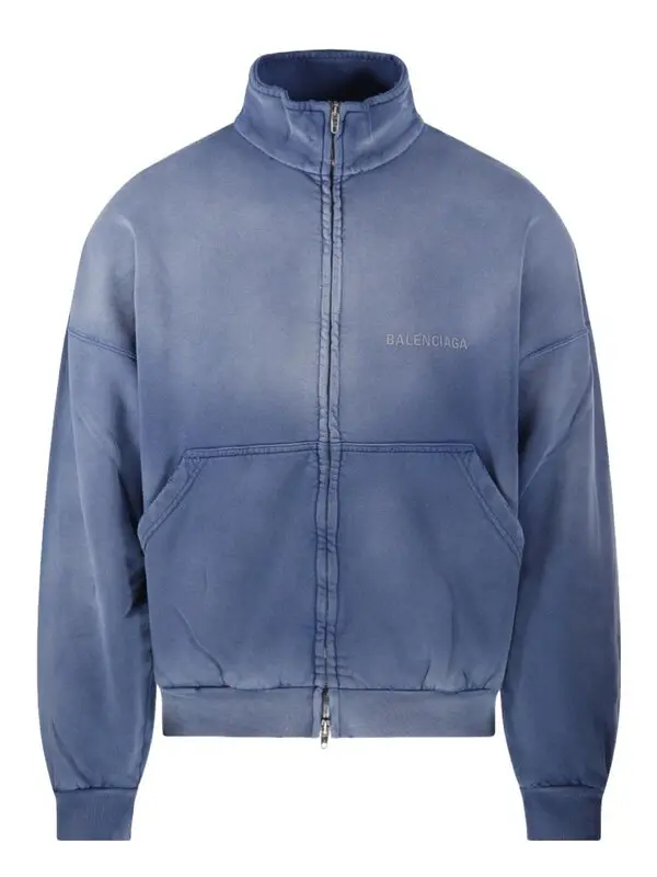 Balenciaga Distressed High Neck Zip-up Jacket - Blue