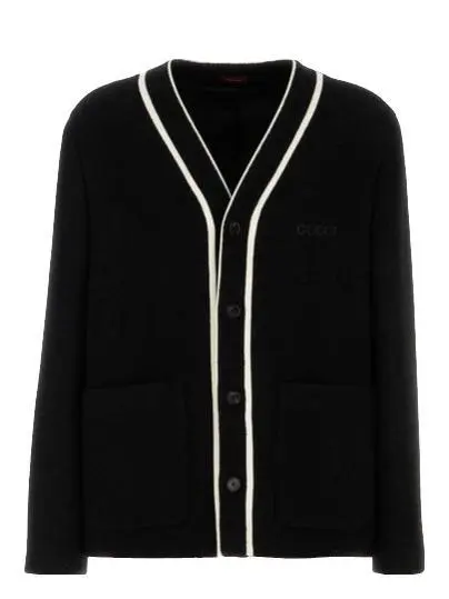 Gucci Logo Embroidered V-neck Button-up Cardigan - Black