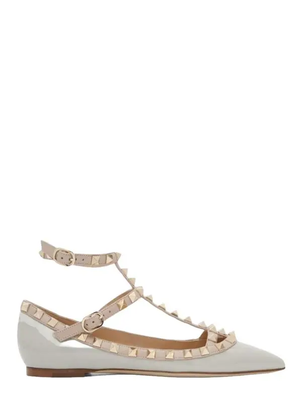 Valentino Garavani Rockstud Embellished Pointed Toe Ballerina Flats - Light Gray