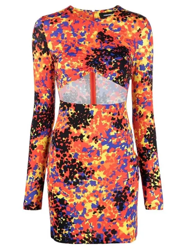 Dsquared2 Abstract Print Cut-out Long Sleeve Mini Dress - Multicolor