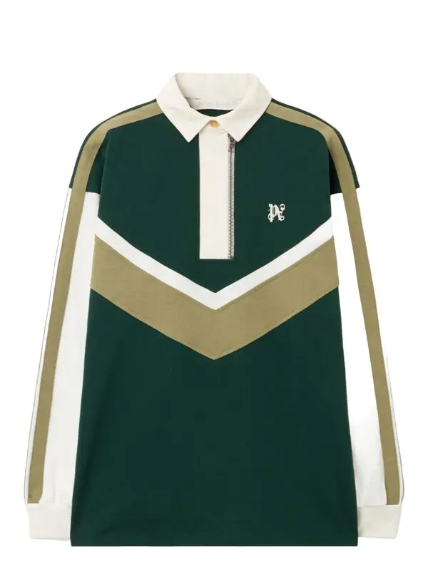 Palm Angels Monogram Colourblock Long Sleeve Polo Shirt - Dark Green-off-white