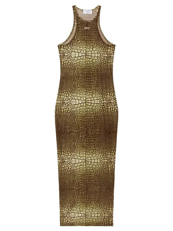 Off-White Sleeveless Crocodile Print Maxi Dress - Green