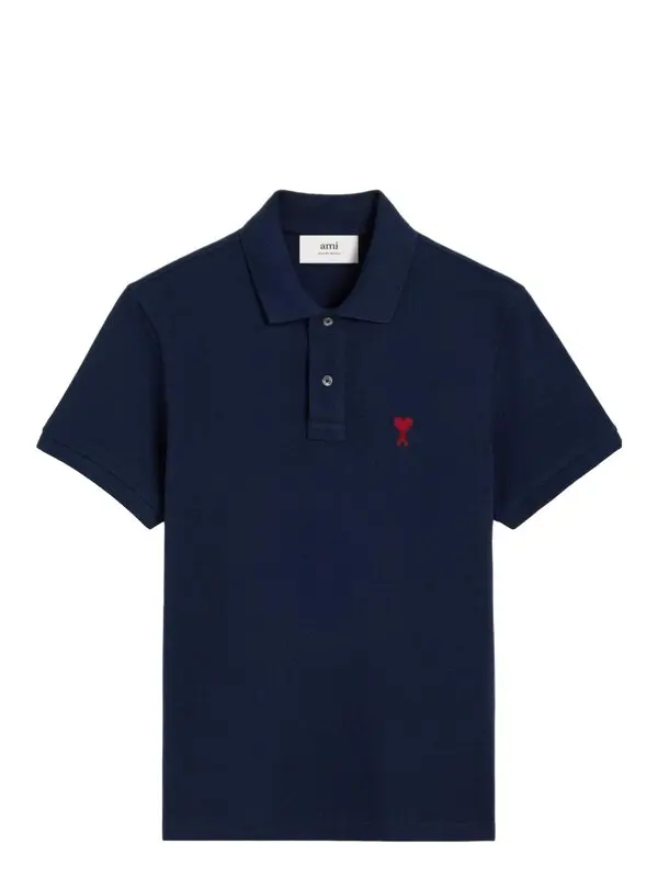 AMI Paris Logo Embroidered Short Sleeved Polo Shirt - Night Blue