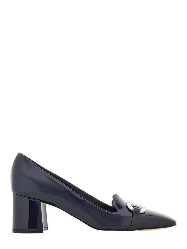 FERRAGAMO Square Toe Block Heel Pumps With Gancini Ornament - Midnight Blue