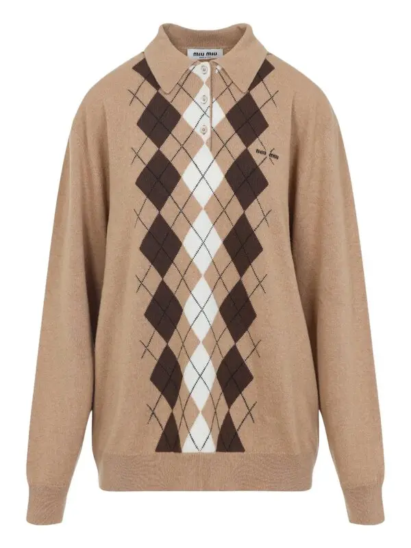 Miu Miu Argyle Cashmere Polo Shirt - Camel Brown