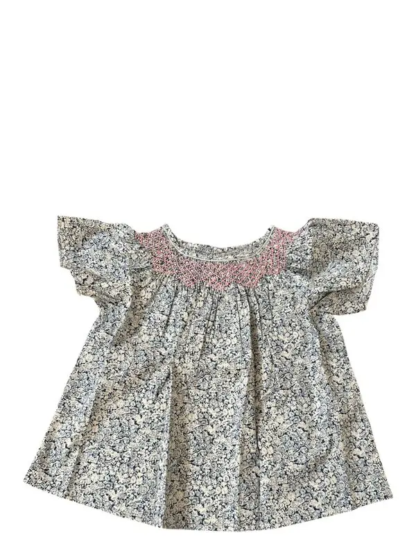 Bonpoint Smocked Floral Print Top - Gray