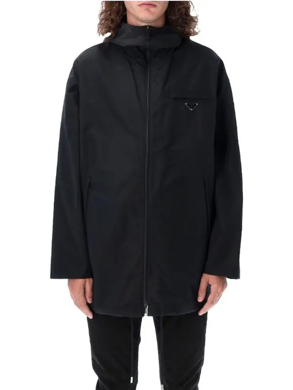 Prada Zip Up Jacket With Metal Trimmed Drawstring And Flanged Pocket - Black