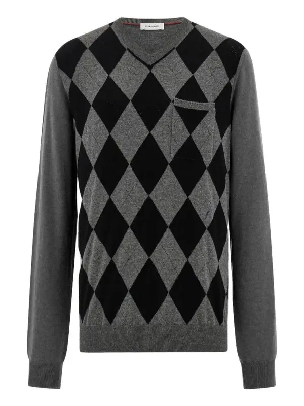 FERRAGAMO V-neck Argyle Jumper With Chest Pocket - Gray Mixed Color/black
