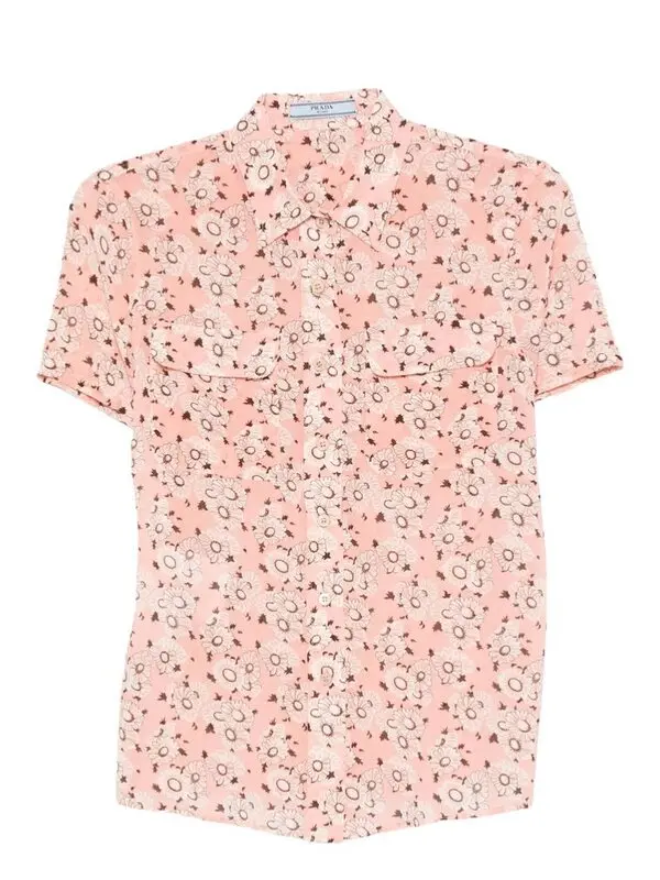Prada Short Sleeve Floral Print Georgette Shirt - Pink