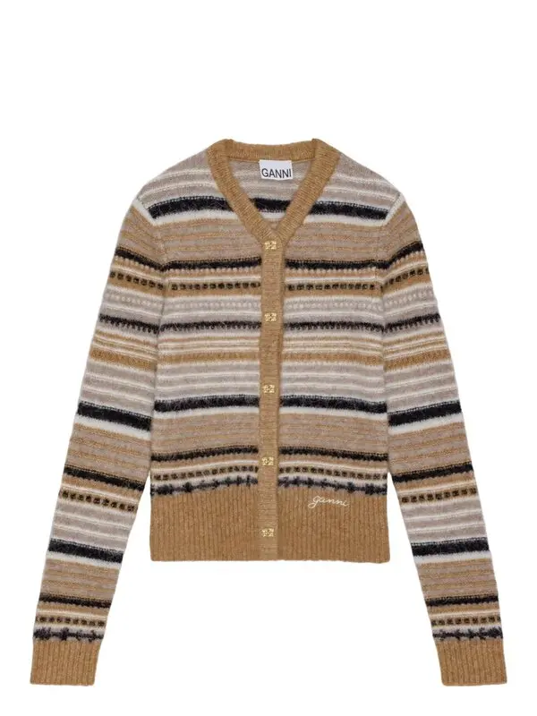 GANNI Logo Embroidered Striped Cardigan - Nude