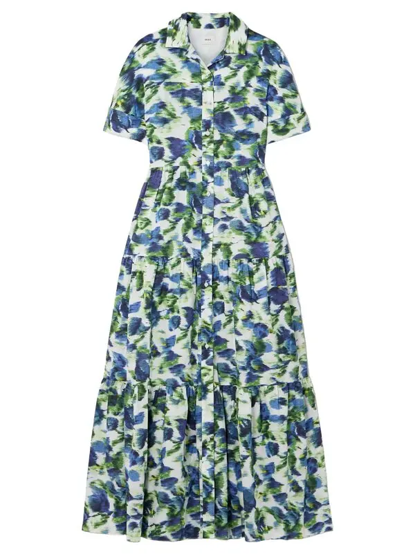 Erdem Layered Floral Print Short Sleeve Dress - Blue