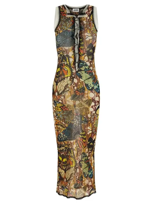 JEAN PAUL GAULTIER Yellow Butterfly Print Mesh Midi Dress - Multicolor