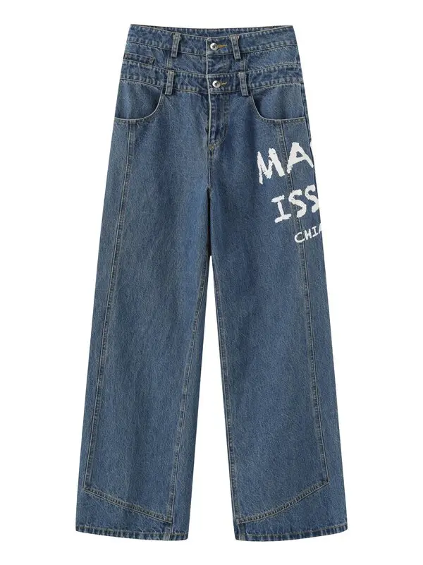 Marissa Chiara Wide Leg Jeans With Logo Detail - Blue