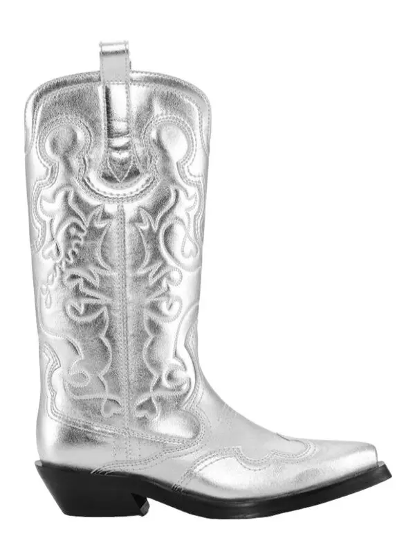 GANNI Mid Shaft Embroidered Western Boots - Silver