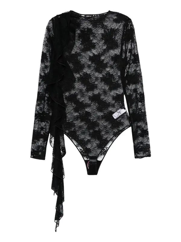 Oseree Attached Scarf Floral Lace Volant Bodysuit - Black